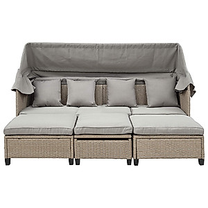 VilroCaz UV-Resistant Resin Wicker Patio Sectional Sofa Set with Retractable Canopy, All-Weather Outdoor PE Wicker Sunbed Daybed with Cushions and Lifting Table for Lawn Garden Backyard Poolside