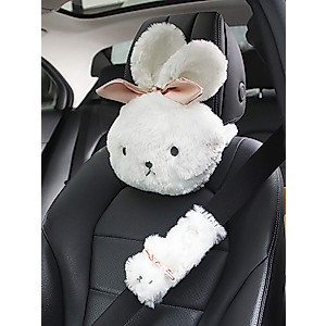 seemehappy Fluffy Cute White Bunny Neck Pillow Soft Car Headrest Pillow Cute Car Interior Accessories for Girls (Bunny Seat Belt Covers 2pcs)
