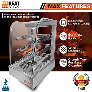 HeatMax 141823 Small Commercial Stainless and Curved Glass 14 Inch Wide Food Warmer Display Case for Pizza, Chicken, Burgers, Patties, Empanadas or Any Hot Food, Saves Counter Space, Great Visibility