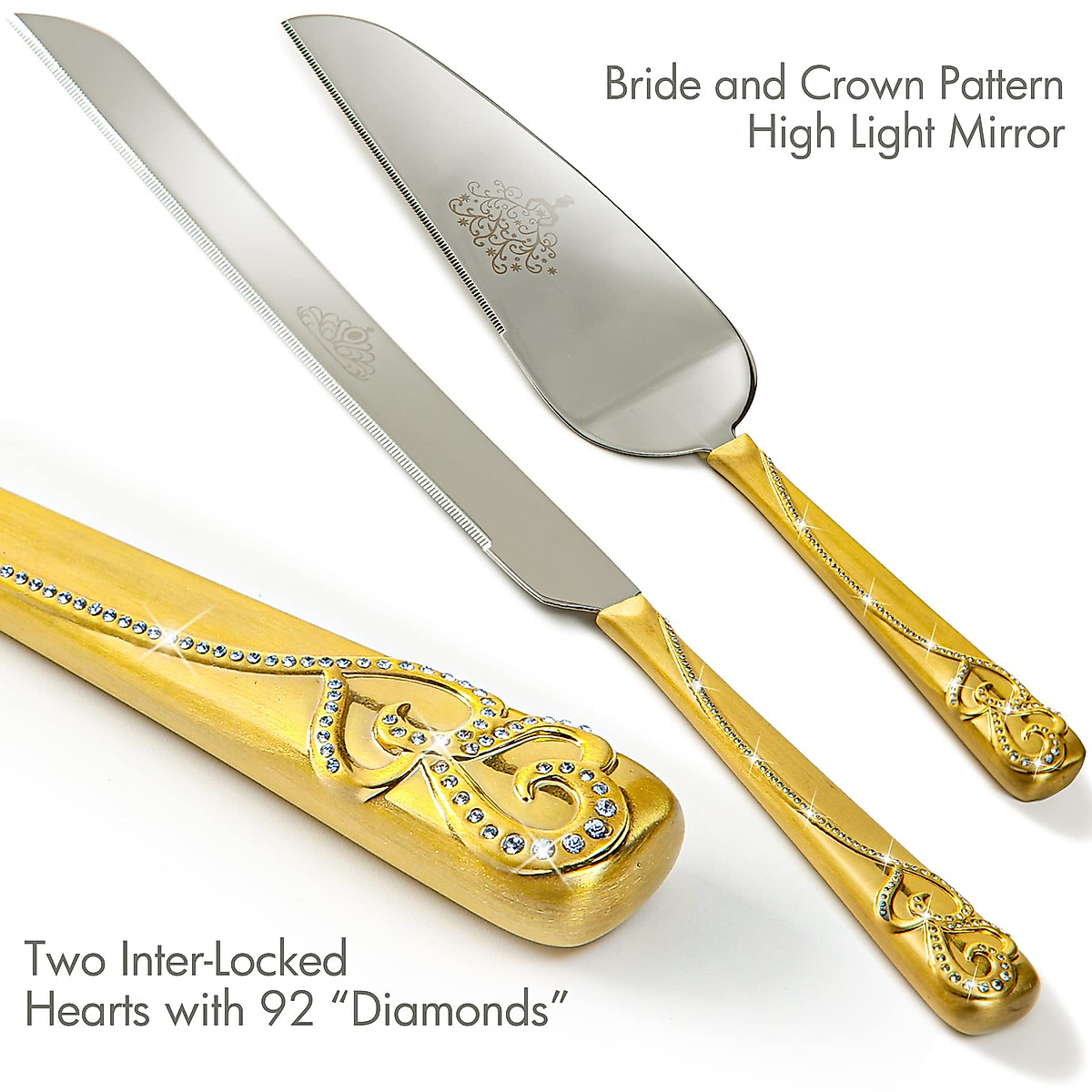 Sparking Love Hearts Cake Cutter and Pie Server Set, Stainless Steel Wedding Cake Knife and Server Set for Birthday, Anniversary, Engagement Or Christmas Gifts (Fashion gold)