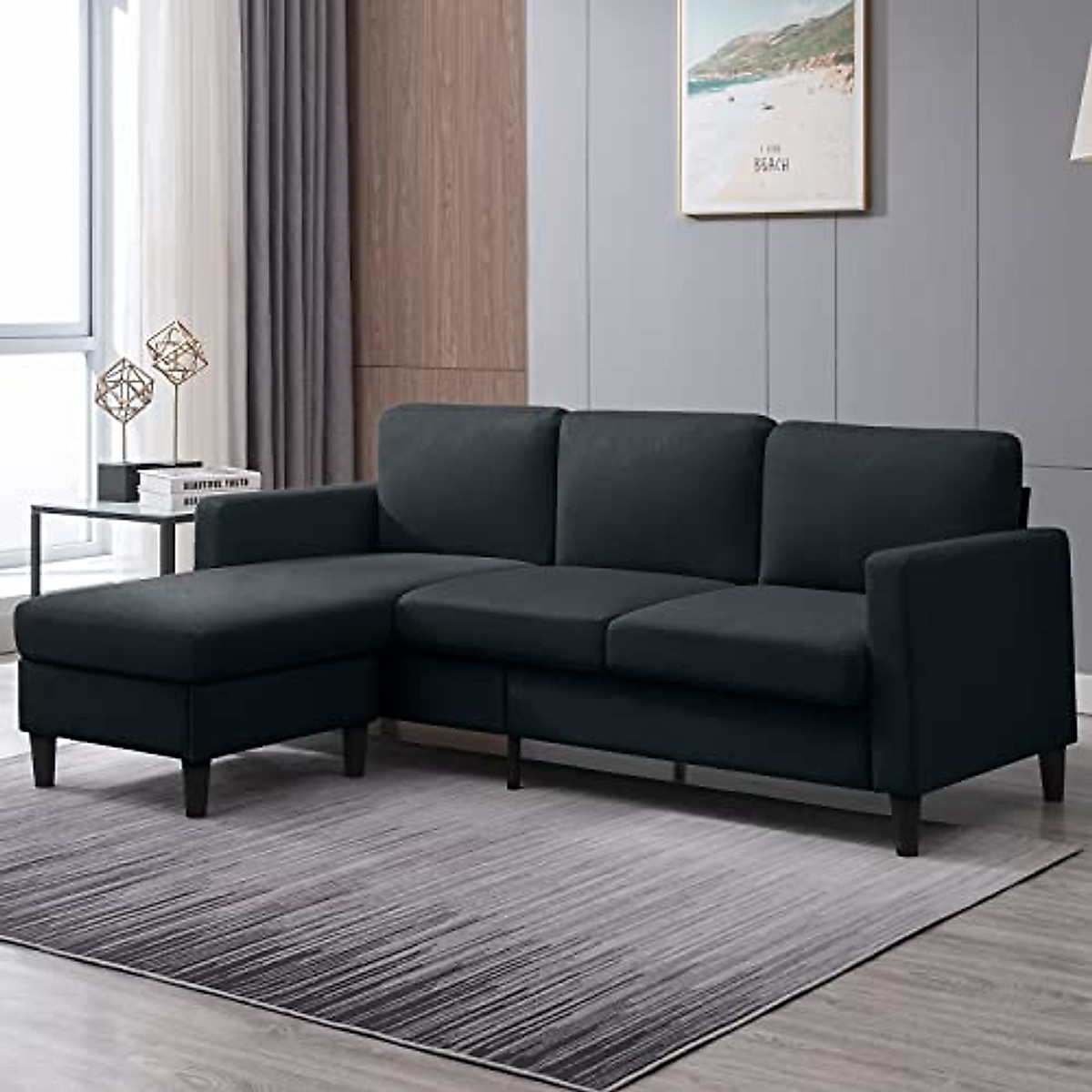 Mjkone Convertible Sectional Sofa Couch with Storage Ottoman, 76" W L-Shaped Couch for Living Room, 3-Seat Sofas with Reversible Chaise, Sectional Couches for Living Room/Office/Bedroom (Dark Grey)