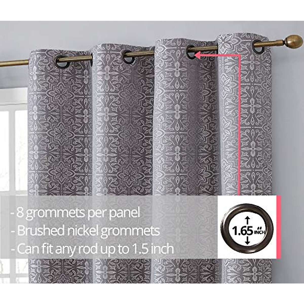 HLC.ME Mia Moroccan Tile 100% Complete Blackout Heavy Thermal Insulated Energy Savings Heat/Cold Blocking Grommet Short Curtain Drapery Panels for Bedroom & Living Room, 2 Panels (52 W x 63 L, Grey)