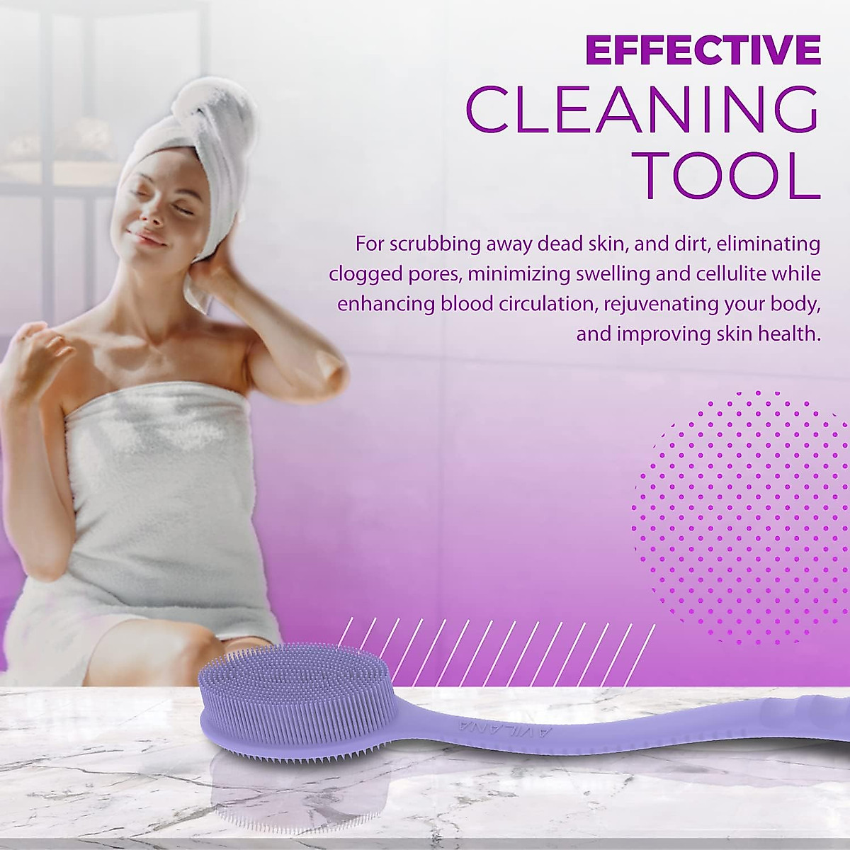 Avilana Back Scrubber for Shower,19 inch Silicone Body Scrubber with Handle, Shower Back Scrubber for Men and Women, Back Brush for Shower, Loofah with Handle Shower Brush (S1-Lavender)