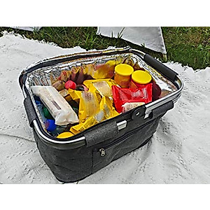 Pamime 35L Large Picnic Basket Aluminum Folding Picnic Basket Insulated Lunch Bag Padded Handle Picnic Basket for Men for Travel Cooler Shopping Camping Grocery Bags(Grey)