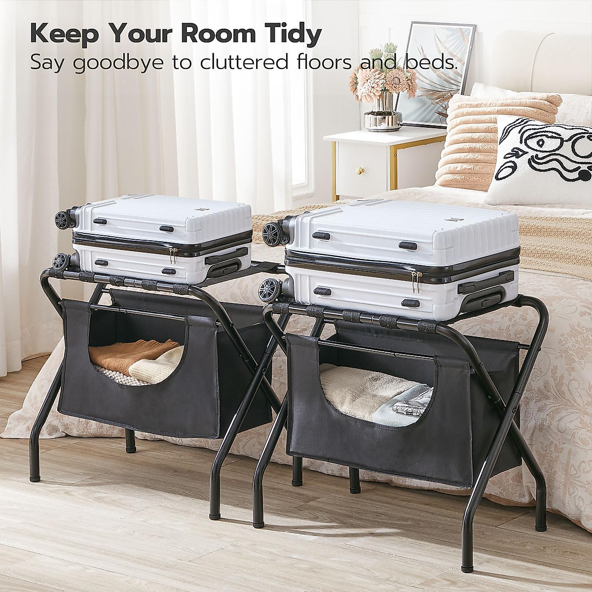 HOOBRO Luggage Rack with Laundry Bag, Pack of 2, Folding Suitcase Stand for Guest Room, 26.8" L x 15" W x 22" H, Suitcase Holder with Oxford Bag, Cloakroom, Bedroom, Hotel, Black BK06XLP201G1