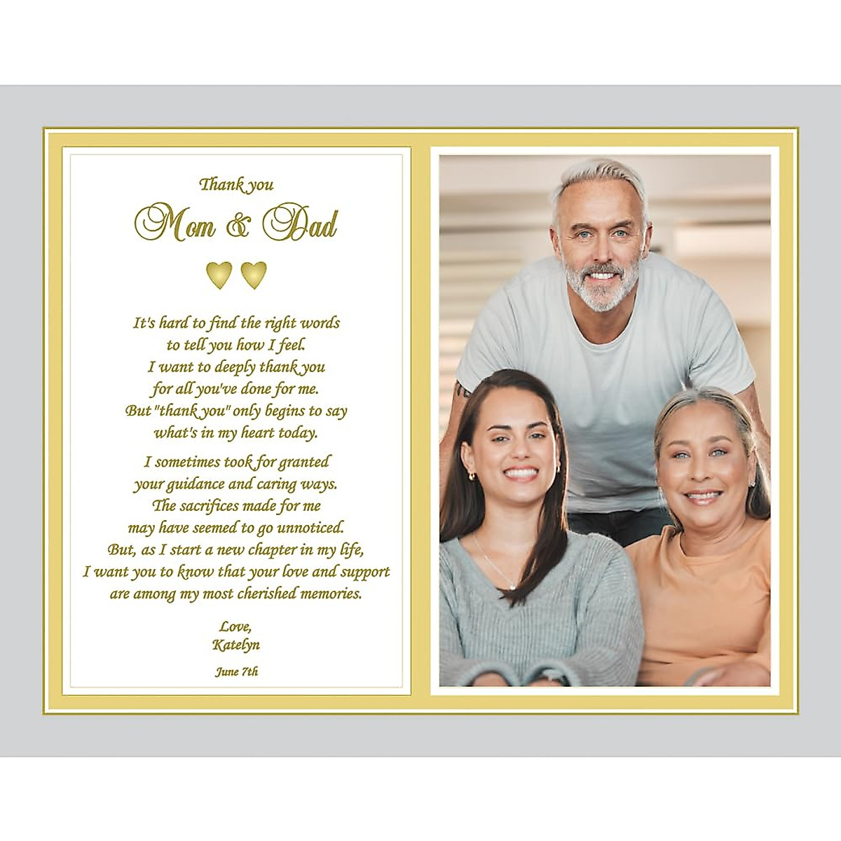 Poetry Gifts Thank You Card for Parents for Your Wedding, Graduation, 8x10 Inch Print Personalized With Names and Photo