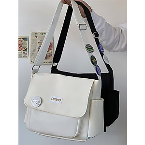 Messenger Bag for Women Nylon Crossbody Bag Vintage Crossbody Bags Aesthetic Tote Bag Cute Tote Bag Canvas Bag (White)
