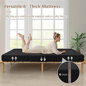 Tri-Folding Corduroy Mattress, 6 Inch Gel Folding Mattress Topper, Foldable Soft Guest Bed Camping Pad, Washable Cover (Black, Twin)