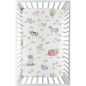 Sweet Jojo Designs Farm Animals Boy or Girl Fitted Mini Crib Sheet Baby Nursery for Portable Crib or Pack and Play - Watercolor Farmhouse Horse Cow Sheep Pig
