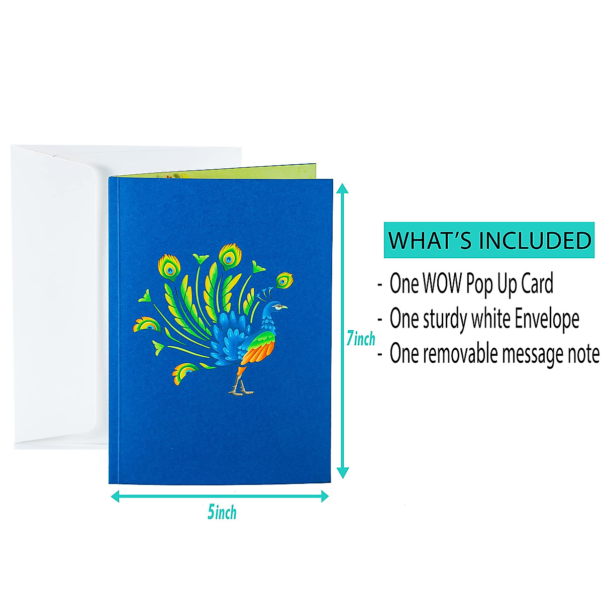 WOWPAPERART Peacock - 3D Pop Up Greeting Card For All Occasions - Love, Birthday, Christmas - Message Note for Personalized - Thick Envelope - 5x7 In