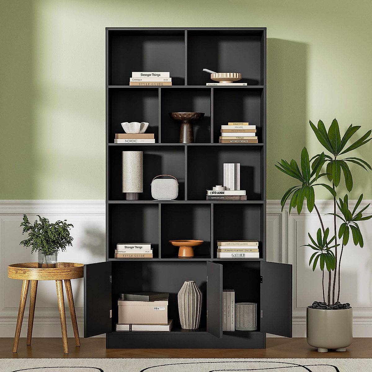 Housoul 71" Tall Bookshelf with 10 Cubes and 3 Doors, 4-Tier Bookshelf, Open Shelf Bookcase with Cabinet, Modern Cube Storage Organizer for Living Room, and Office, Black