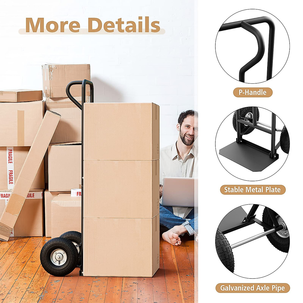 Nightcore Hand Truck 660 LBS Capacity, Heavy-Duty Dolly Cart w/P-Handle, All-Terrain Double Bearing Rubber Wheels, Foldable & Space-Saving Hand Cart for Home, Warehouse, Garage, Backyard (Black)