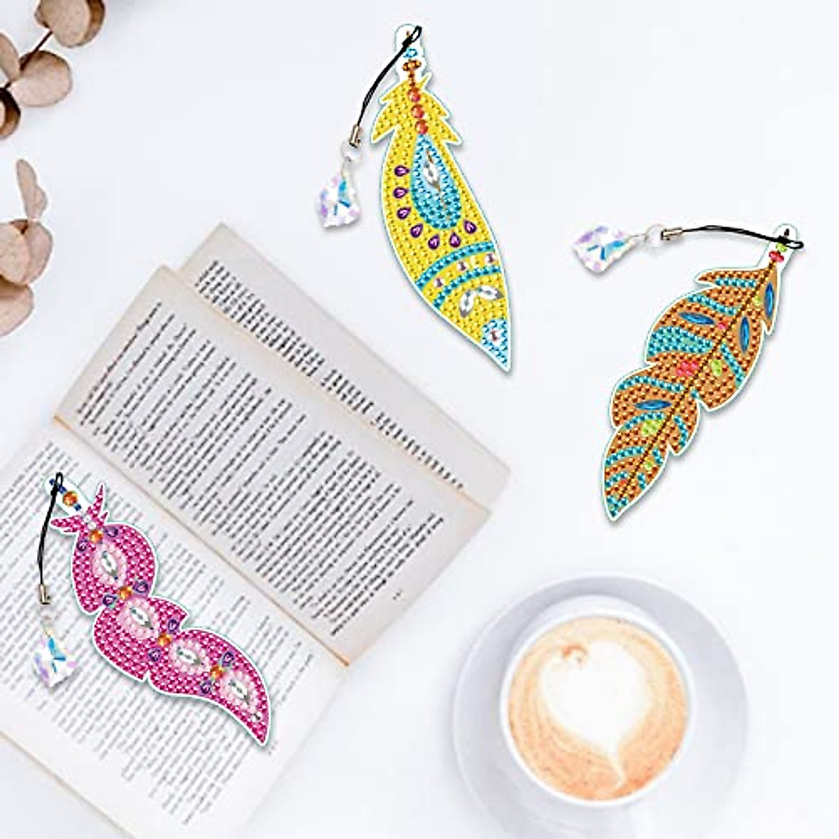pigpigboss Feather Bookmark Diamond Painting Set 6 PCS PVC Diamond Painting Bookmark with Pendant Peacock Feather Bookmark Diamond Painting Art Graduation Gift