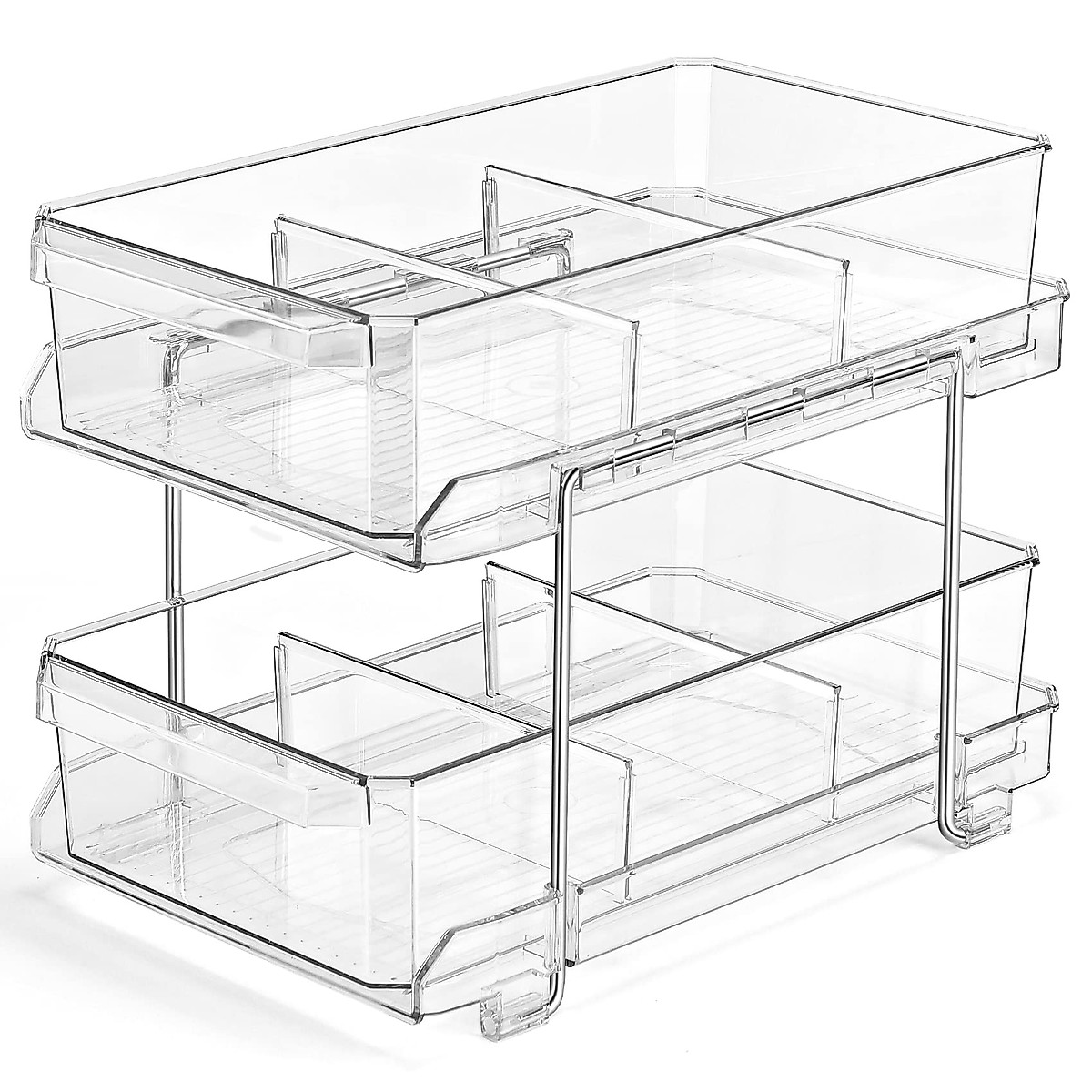 LANDNEOO 2 Tier Clear Organizer with Dividers + Set of 8, Stackable Clear Bins with Removable Dividers - Pantry Food Snack Organization and Storage - Multi-Purpose Plastic Home Organizer
