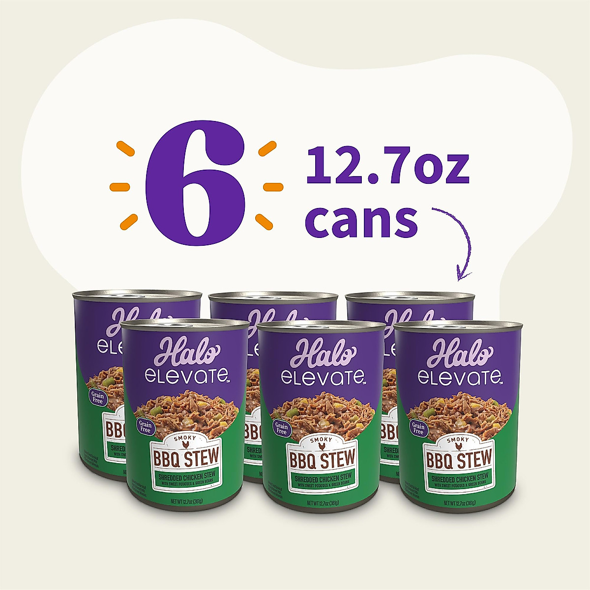 Halo Elevate Wet Dog Food, Grain Free, Smoky BBQ Shredded Chicken Stew w/Sweet Potatoes & Green Beans, 12.7oz (Pack of 6)