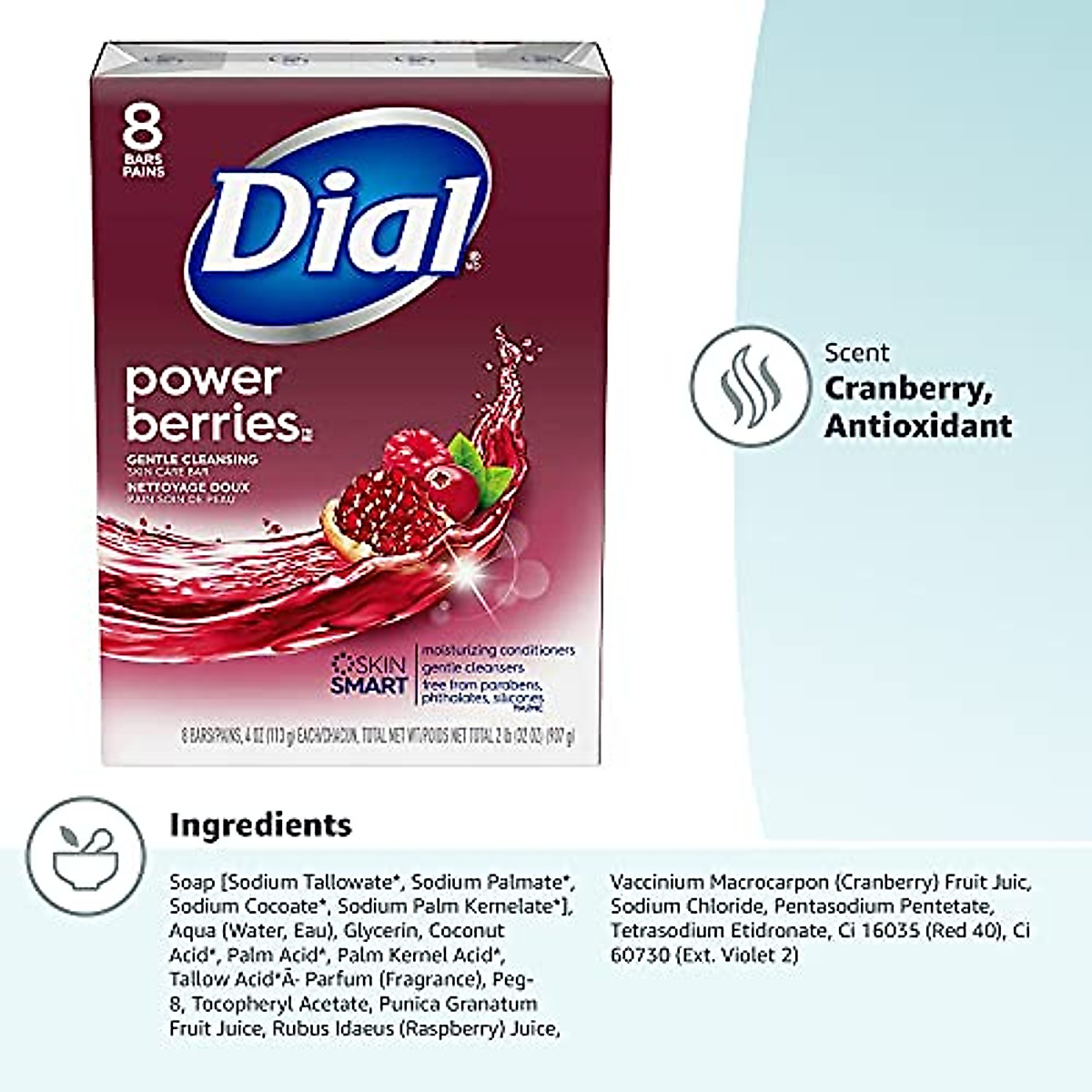 Dial Skin Care Bar Soap, Power Berries, 4 Ounce, 16 Bars