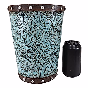 Ebros Gift Rustic Western Sculpted Turquoise Floral Patterns Flower Scroll Art with Faux Tooled Leather Nailhead Borders Bathroom Accessory (Dry Waste Basket Trash Bin)