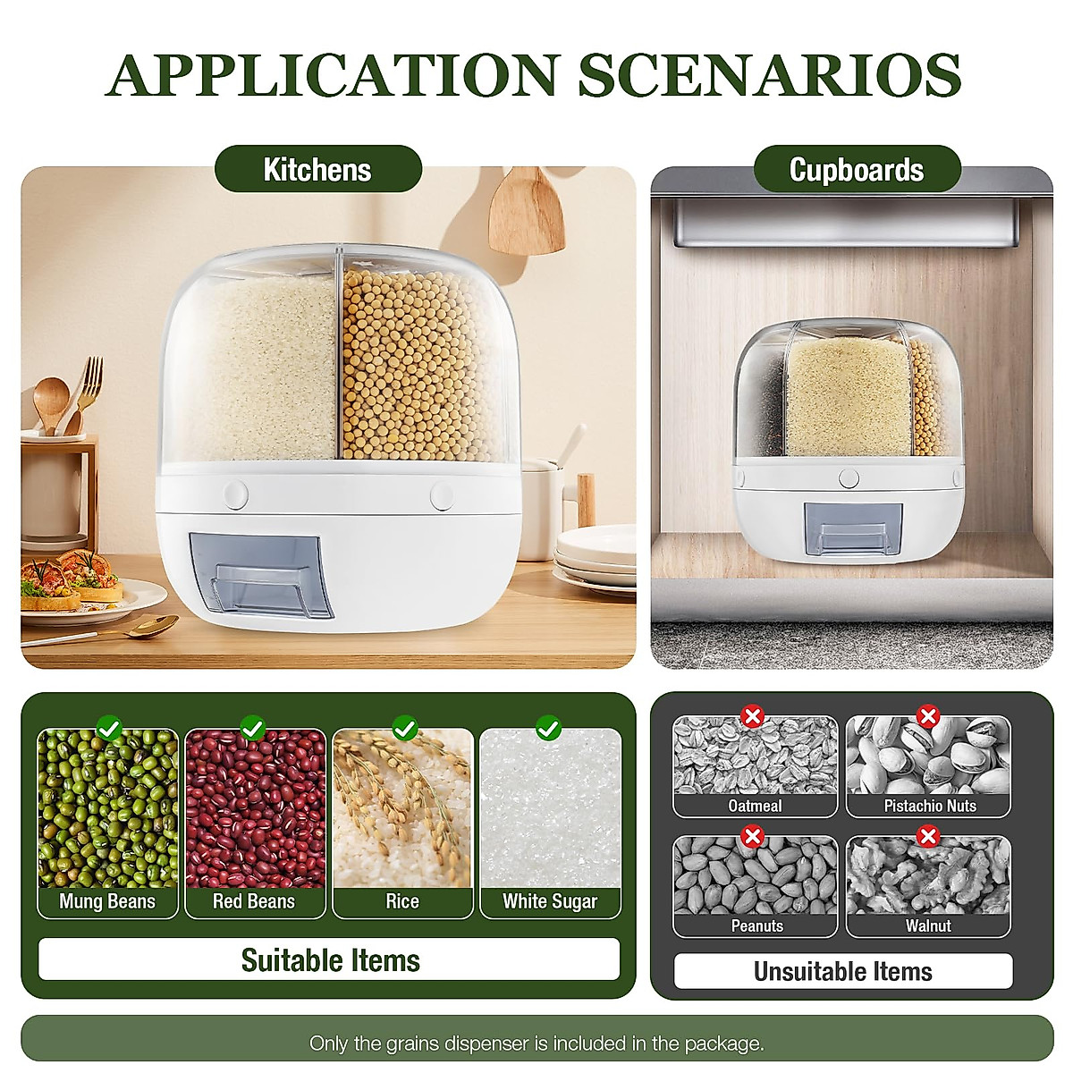 Kaichenyt 6-Grid Cereal Grain Dispenser, Rice&Dry Food Round Storage Box, 360° Rotating Grain Container, Grain Transparent Bucket for Peanut, Barley, Millet, Cereal, Nuts, Beans, Coffee, Etc