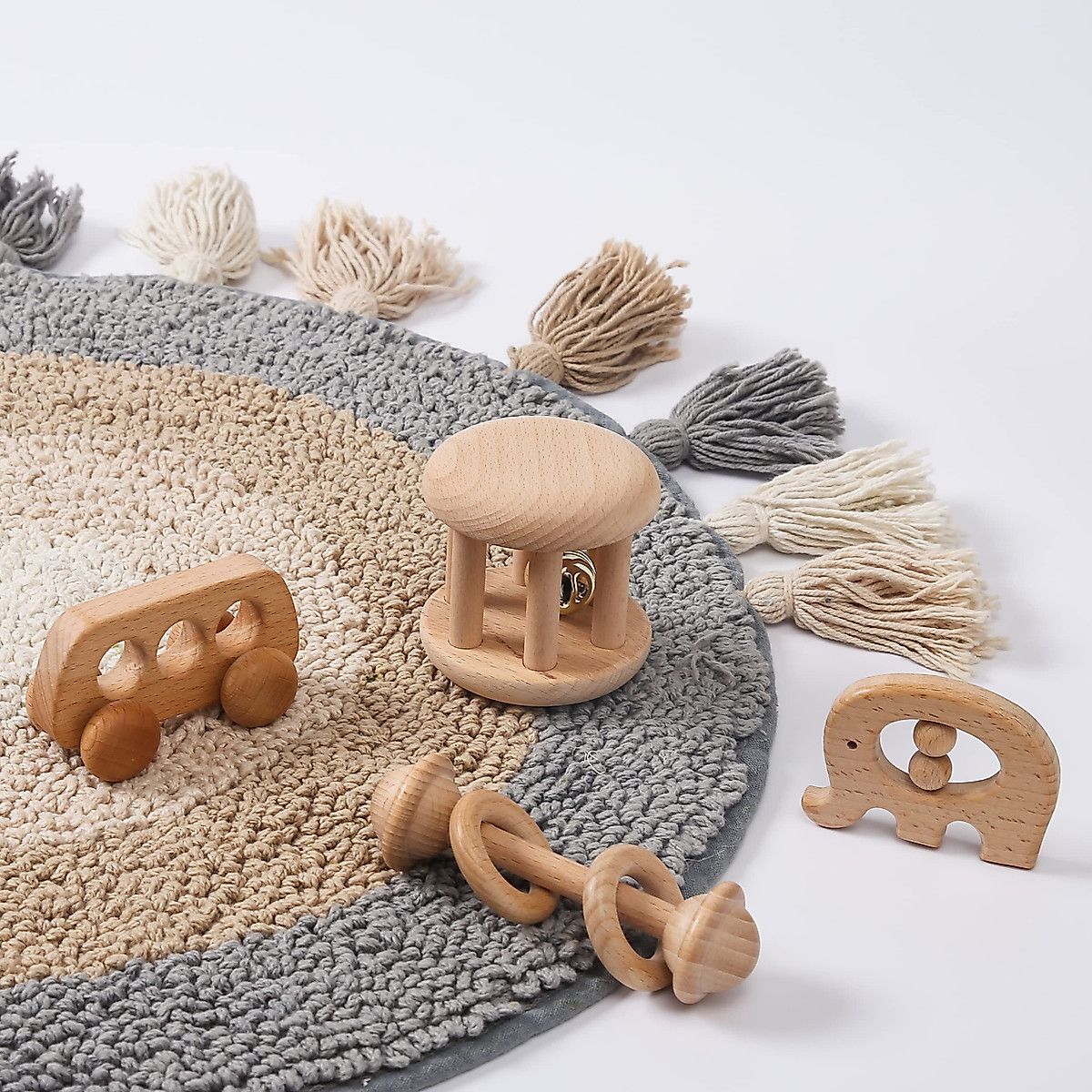 Organic Wooden Baby Rattle Toy Montessori Rattle Roller Waldorf Inspired Grasping Toddler Toys