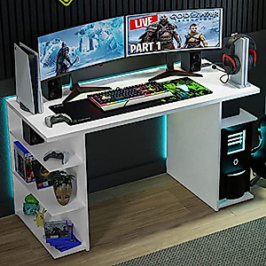Madesa Gaming Computer Desk with 5 Shelves, Cable Management and Large Monitor Stand, Wood, 24" D x 53" W x 29" H - White