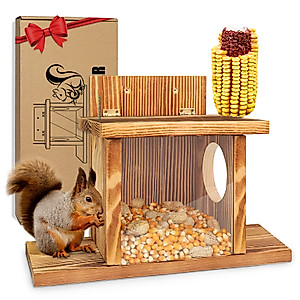 ANSTEEP Carbonized Wood Squirrel Feeder, Squirrel Feeders for Outside Winter, Durable Squrrill House Box Easy to Fill with Removable Front Panel, Wooden Chipmunk Feeder for Corn, Peanuts…