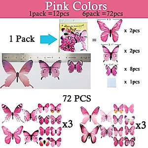 Ewong 72PCS Butterfly Wall Decals 3D Butterflies Wall Art Craft Decor Removable Mural Sticker Home Kid Girl Bedroom Bathroom Baby Room Nursery Classroom Office Party Decoration (Pink)