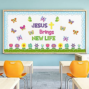 Yopyame 94Pcs Jesus Brings New Life Christian Bulletin Board Set Summer Butterfly Flowers Cross Cutouts Bulletin Board Borders Trim Religious Faith Classroom Sunday School Chalkboard Wall Decor