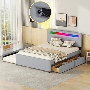 GJHOME Queen Size Upholstered Platform Bed with 2 Storage Drawers and Twin Trundle, LED Lights and USB Charging, Linen Queen Bed Frame with Headboard and Wood Slat Support, Gray