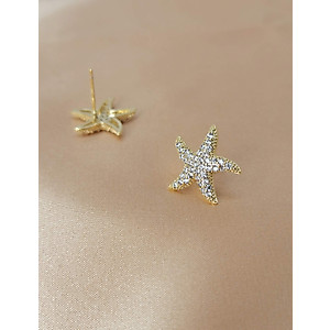 Starfish Stud Earrings for Women - CZ Paved Starfish Stud Earrings - Charm Starfish Earrings Plated in 14k Gold/White Gold