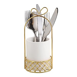 JUXYES Ceramic Silverware Holder For Tabletop, White Cutlery Holder With Golden Metal Bracket, Decorative Flatware Holder Countertop Utensil Holder Organizer for Wedding Kitchen Dining Tables