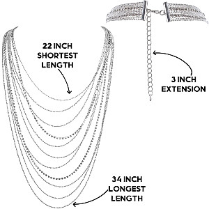 Humble Chic Rhinestone Necklace for Women - 925 Sterling Silver Plated Long Layered Necklaces for Women, Sparkly Fashion Simulated Diamond Chain, Trendy Statement Jewelry, Long Layered - Silver