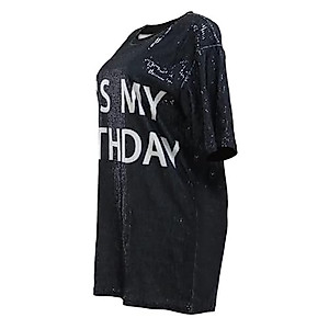 KIRJAUDU Women Sequin Glitter Letter Print 3/4 Sleeve Round Neck Party Club Mini T Shirt Dress Black M