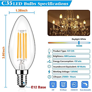 5 Pack C35 4Watt LED Candelabra Bulbs Equivalent to 40w Incandescent Bulbs,3000K Warm White 500 Lumens,B11 Candelabra Light Bulbs, E12 Dimmable Filament Clear Glass Candle Lamp for Home Decor