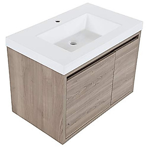 Spring Mill Cabinets Kelby 30 Inch Modern Floating Bathroom Vanity with White Single Sink Top, 1-Door Cabinet, 1 Soft-Close Drawer, 30.5" W x 18.75" D x 22.25" H, Forest Elm