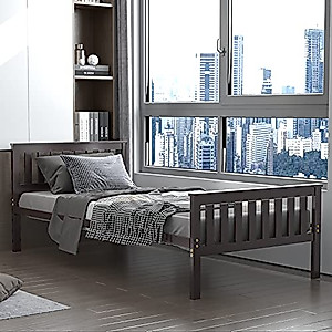 Giantex Twin Bed Frame, Wood Platform Bed with Headboard, 12 Inch Sturdy Bed Base Wood Slat Support Mattress Foundation No Box Spring Needed Easy Assembly