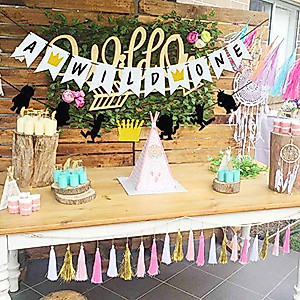 MOAXMOA Wild One Banner and Wild Things Banner Birthday Theme Party Supplies Baby Shower Photo Prop Decorations 17PCS Glitter Gold Silver and Black