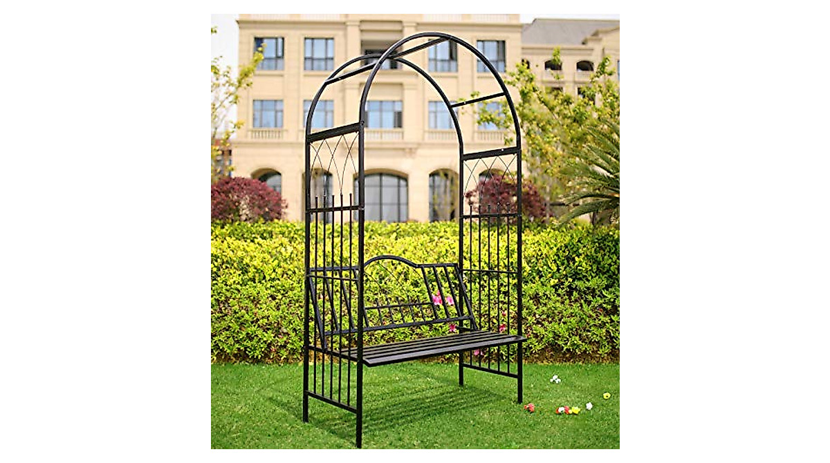 1. GO Steel Garden Arch with Seat - Elegant Black Outdoor Arbor