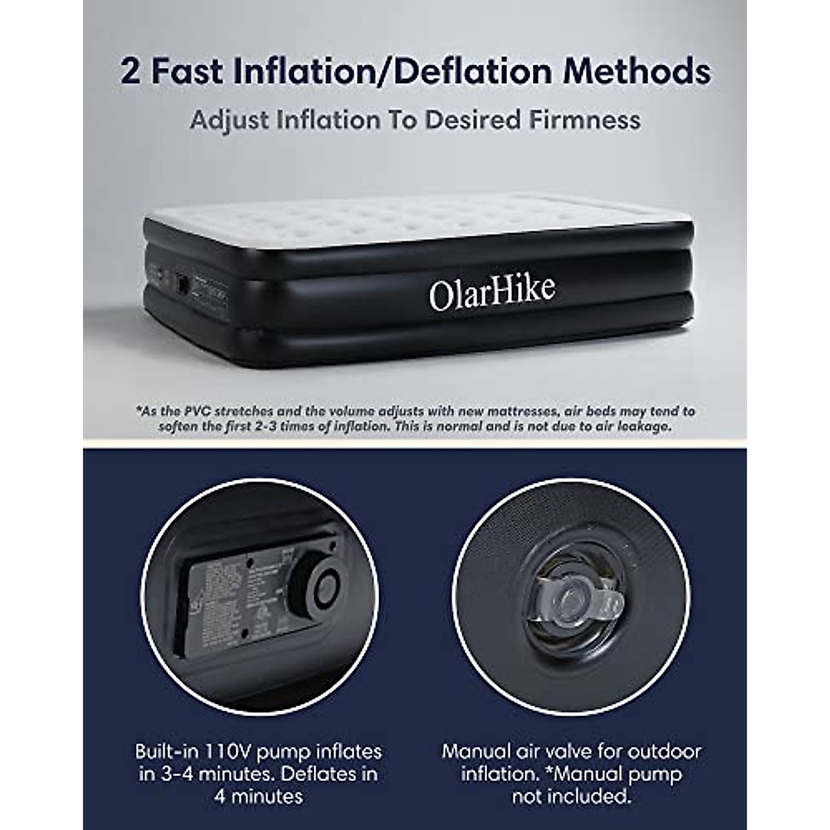 OlarHike Inflatable Queen Air Mattress with Built in Pump,18"Elevated Durable Air Mattresses for Camping,Home&Guests,Fast&Easy Inflation/Deflation Airbed,Black Double Blow up Bed,Travel Cushion,Indoor