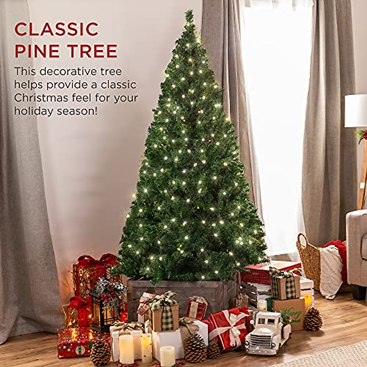 Best Choice Products 6ft Pre-Lit Premium Hinged Artificial Holiday Christmas Pine Tree for Home, Office, Party Decoration w/ 1,000 Branch Tips, 250 Lights, Metal Hinges & Foldable Base