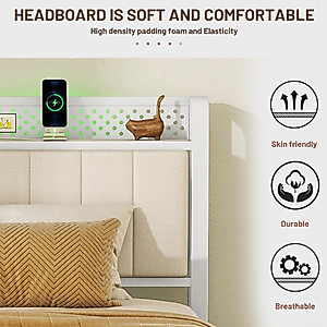 Queen Size Bed Frame with LED Headboard, Metal and Upholstered Platform Bed with Charging Station and 4 Drawers Storage, No Box Spring Needed, Beige