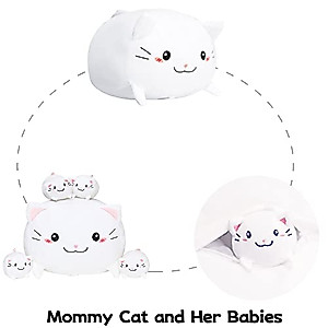 SQEQE Cute Cat Plush Toy with 4 Baby Plush Kitties in her Tummy, Stuffed Cotton Plush Animal Toy Gift for Kids