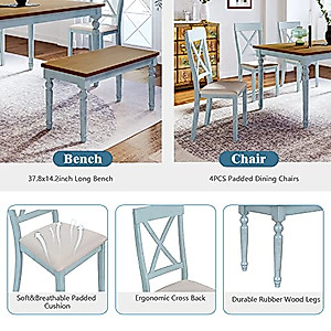 Harper & Bright Designs 6 Pieces Dining Table Set, Kitchen Table Set with Wood Dining Table, Bench and 4 Padded Dining Chairs, Walnut Top+ Light Blue Frame+Beige Seat