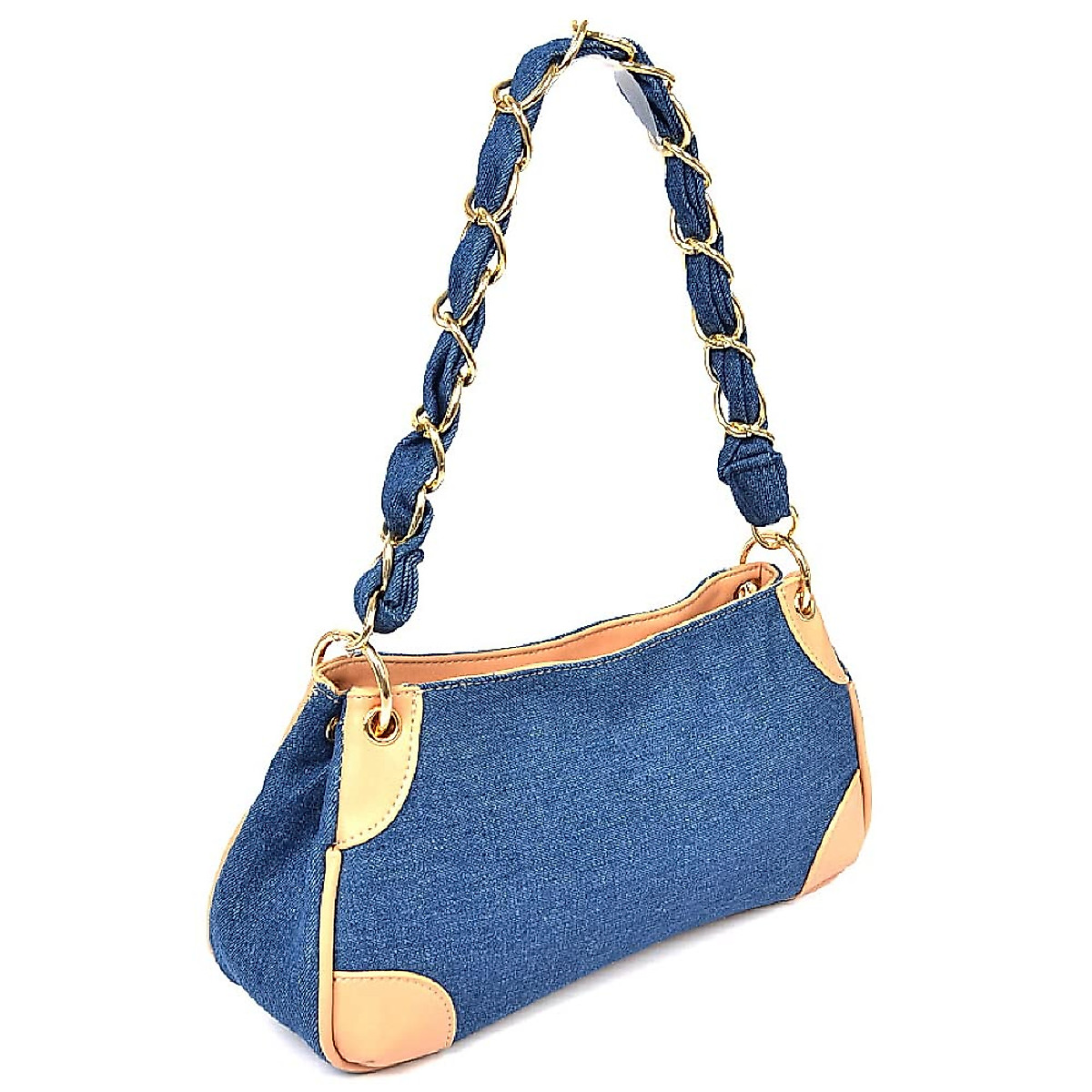 Womens Girls Vintage Retro Denim Jeans Medium Chain Shoulder Bag Purse Handbag (Dark Denim)