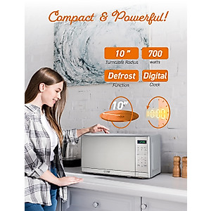 COMMERCIAL CHEF 0.7 Cu Ft Microwave with 10 Power Levels, 700W Microwave with Digital Display, Countertop Microwave with Child Safety Door Lock, Programmable with Push Button, Stainless Steel