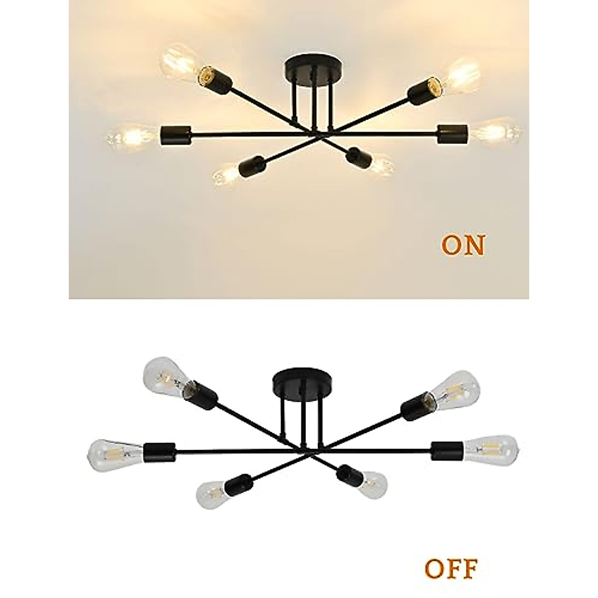 FLAMWILD Ceiling Light Fixture, Modern Sputnik Chandelier, Mid Century Industrial Lighting for Bedroom Kitchen Dining Living Room (Black)