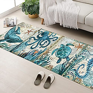 GUBIYU Ocean Animal Area Rug Tropical Beach Sea Turtle Octopus Rug Teal Non Slip Beach Bathroom Rug Coastal Runner Rug Washable Kitchen Rug Mat for Living Dining Dorm Room Bedroom Home Decor 23.6"x59"