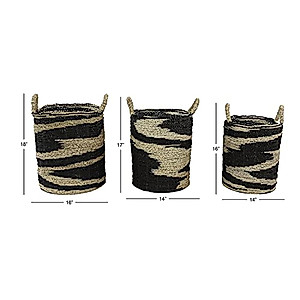 Deco 79 Seagrass Handmade Two Toned Storage Basket with Handles, Set of 3 18", 17", 16"H, Black