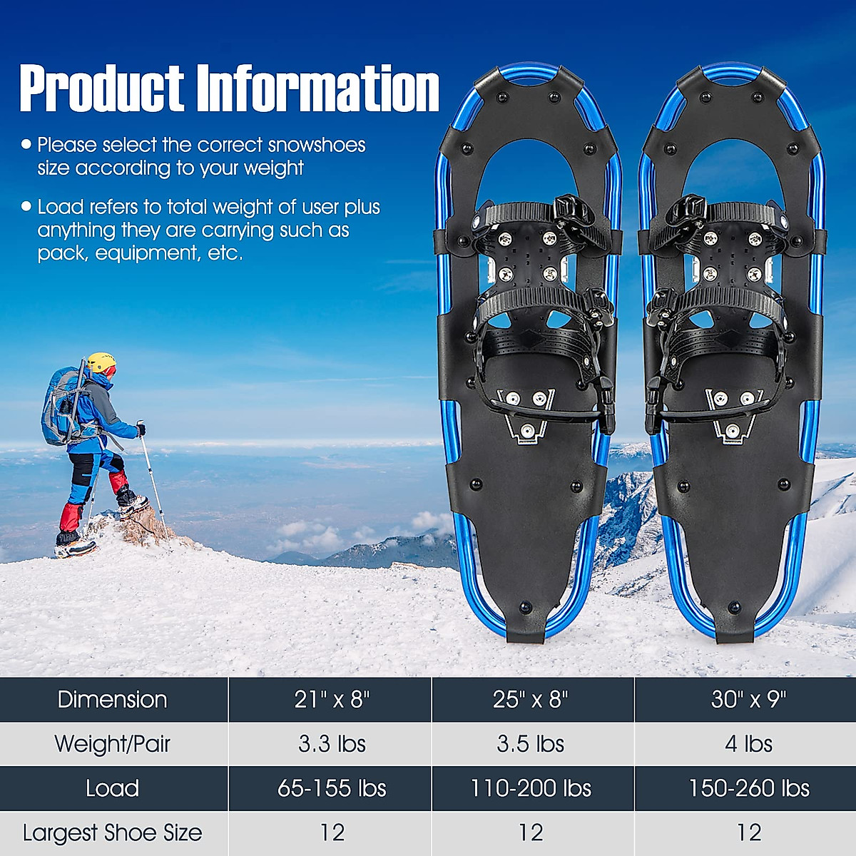 S AFSTAR 21" Terrain Snow Shoes, Aluminum Alloy All Terrain Snowshoes w/Trekking Poles & Carrying Tote Bag, 4-in-1 Lightweight Terrain Snowshoes for Men Women Youth Kids, Easy to Wear (Navy)