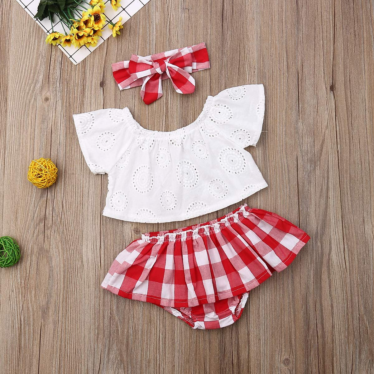 YANGLU Infant Baby Girl Off Shoulder Lace Tops+Plaid Shorts Skirts Tutu Dress Outfits Summer Clothes (White Top+Red Plaid Shorts, 6-12 Months)