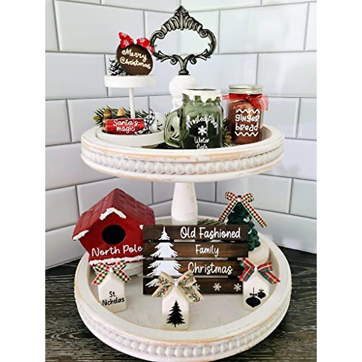 2 Tiered Tray Wooden Serving Stand by Felt Creative Home Goods. Small Shabby Chic Beaded Tray for Home Decor Display Farmhouse Country Decoration Kitchen or Dining. Includes 3 Custom Handles (White)